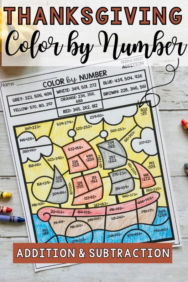 Thanksgiving Addition and Subtraction Color by Number Sheets - Lip ...