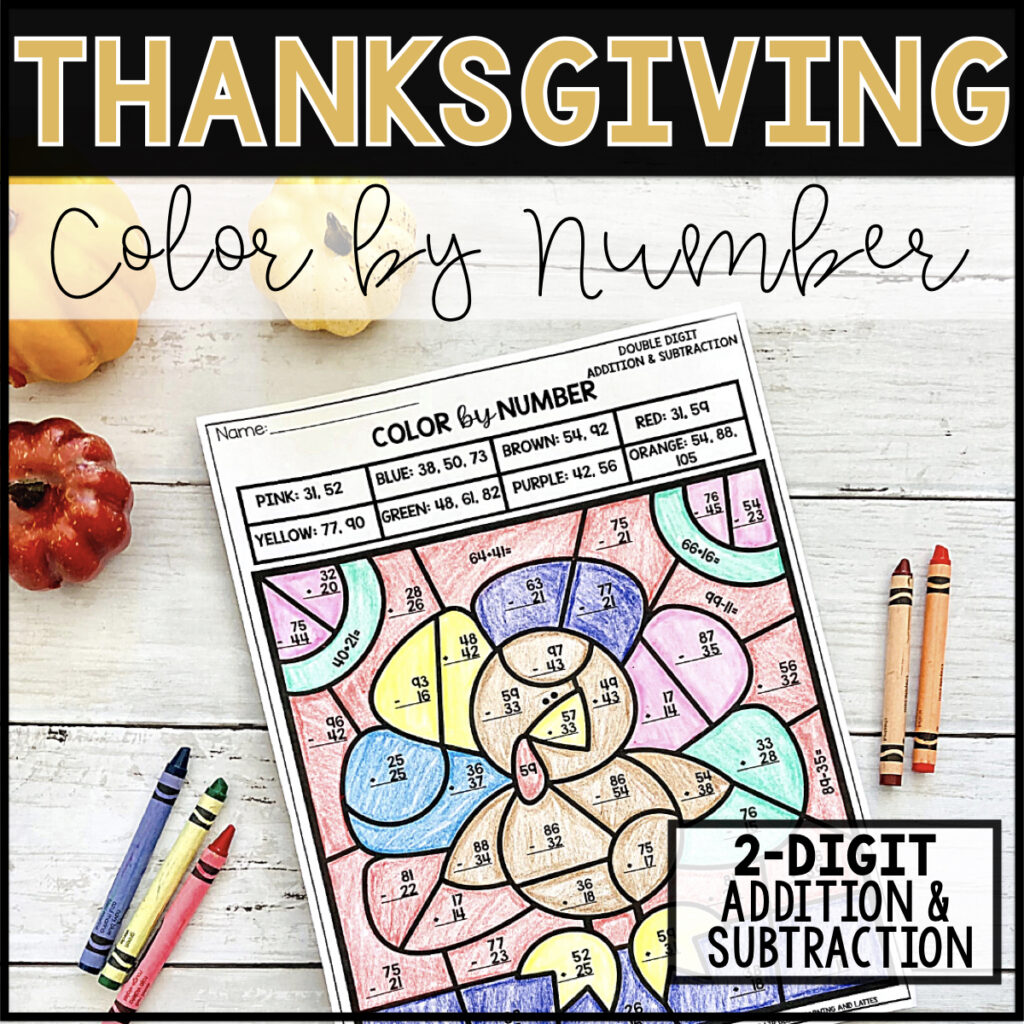 Thanksgiving Addition and Subtraction Color by Number Sheets - Lip ...